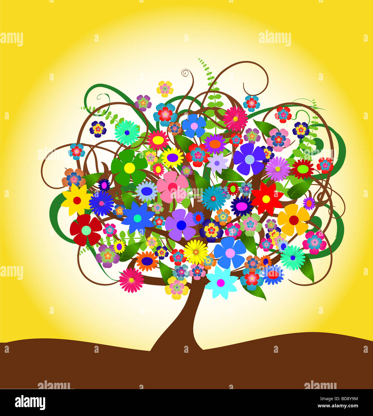 illustration of a colorful tree with flowers Stock Photo - Alamy