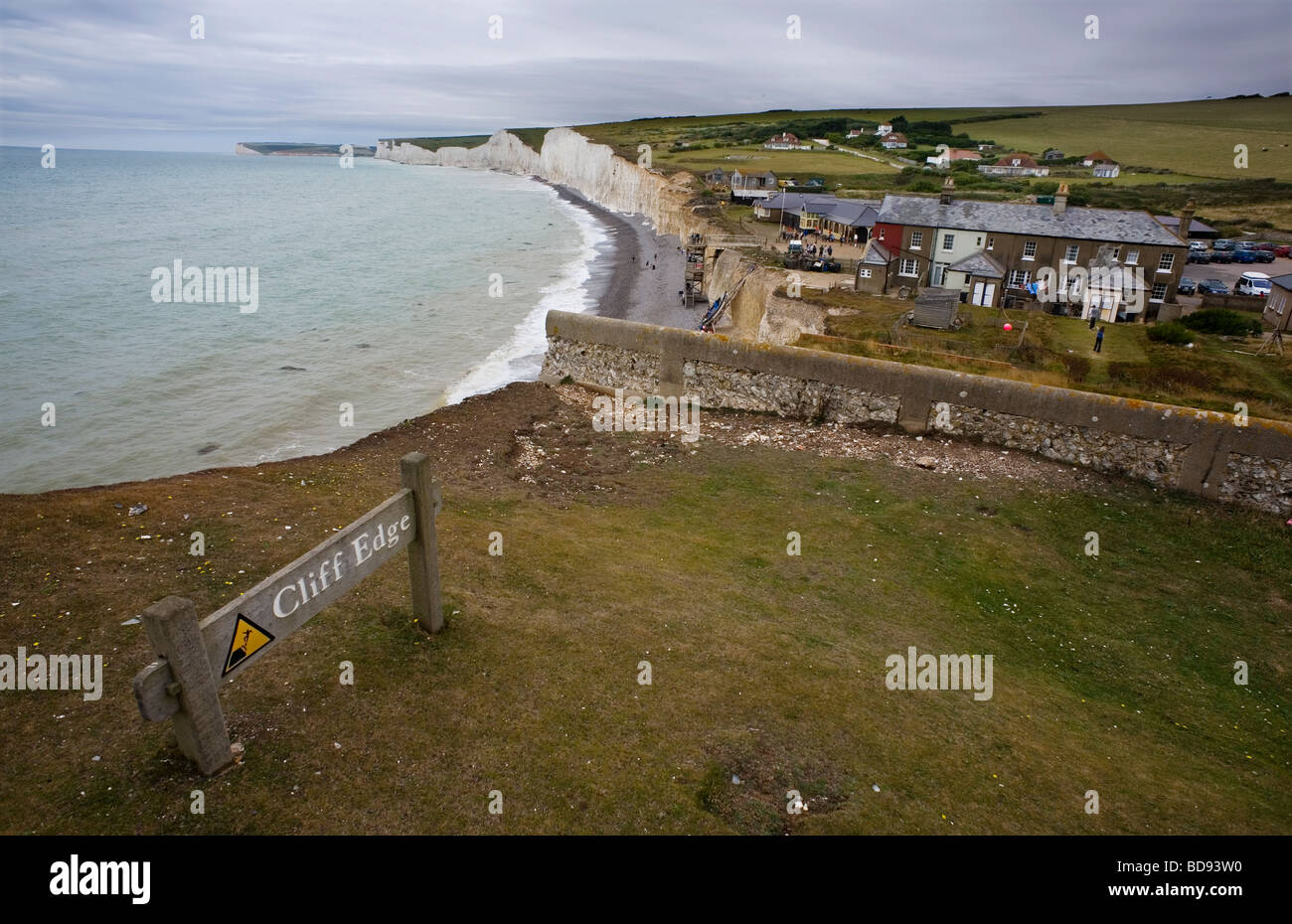 Birling Gap East Sussex Britain Cliff edge danger sign at Birling Gap ...