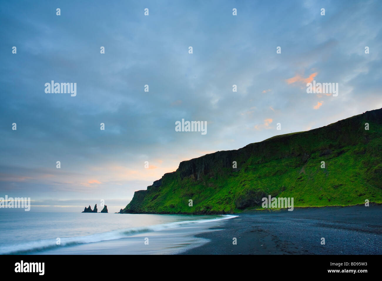 Black Sand Beach and Reynisdrangur Sea Stacks Vik Cape Dyrholaey South ...