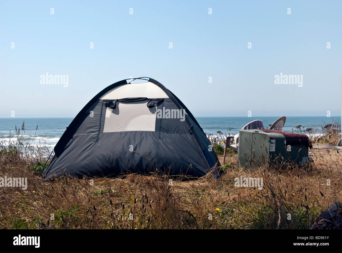 campsite with tent overlooking the ocean at a Pacific Northwest coastal ...