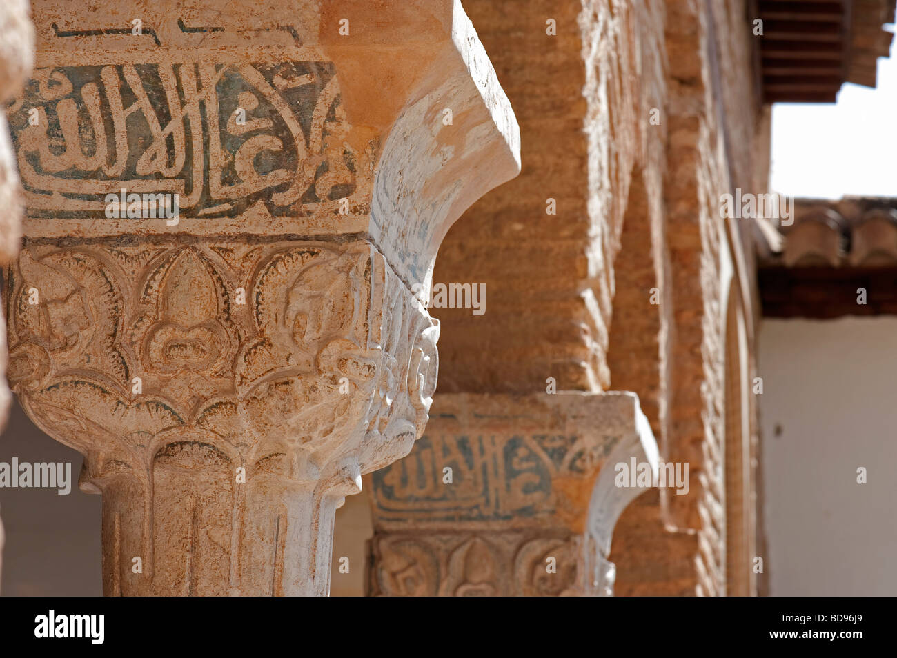 Detail of the islamic inscriptions in columns from the main canal court ...