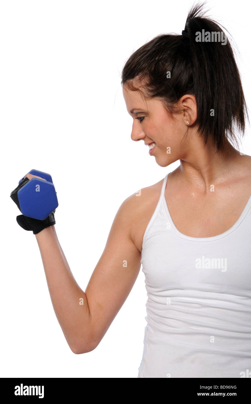 Young woman curling dumbbell isolated over white background Stock Photo ...