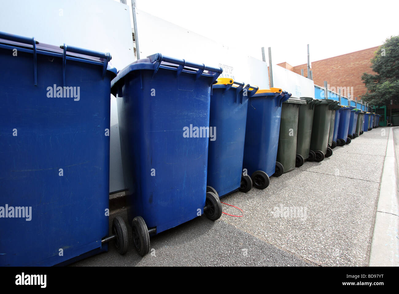 A ROW OF BLUE WHEELIE BINS B Stock Photo - Alamy