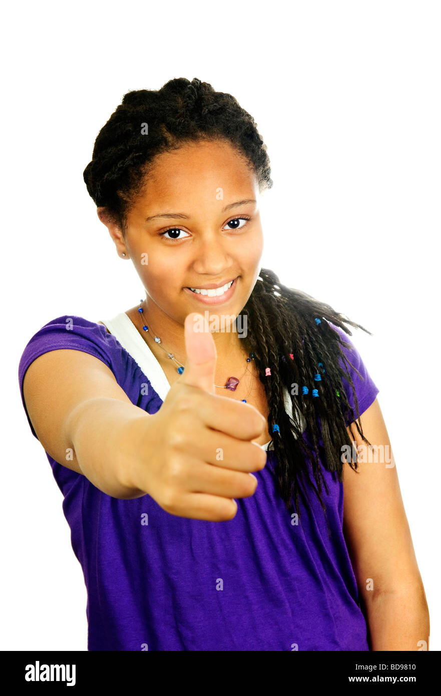 Isolated portrait of black teenage girl gesturing thumbs up Stock Photo ...
