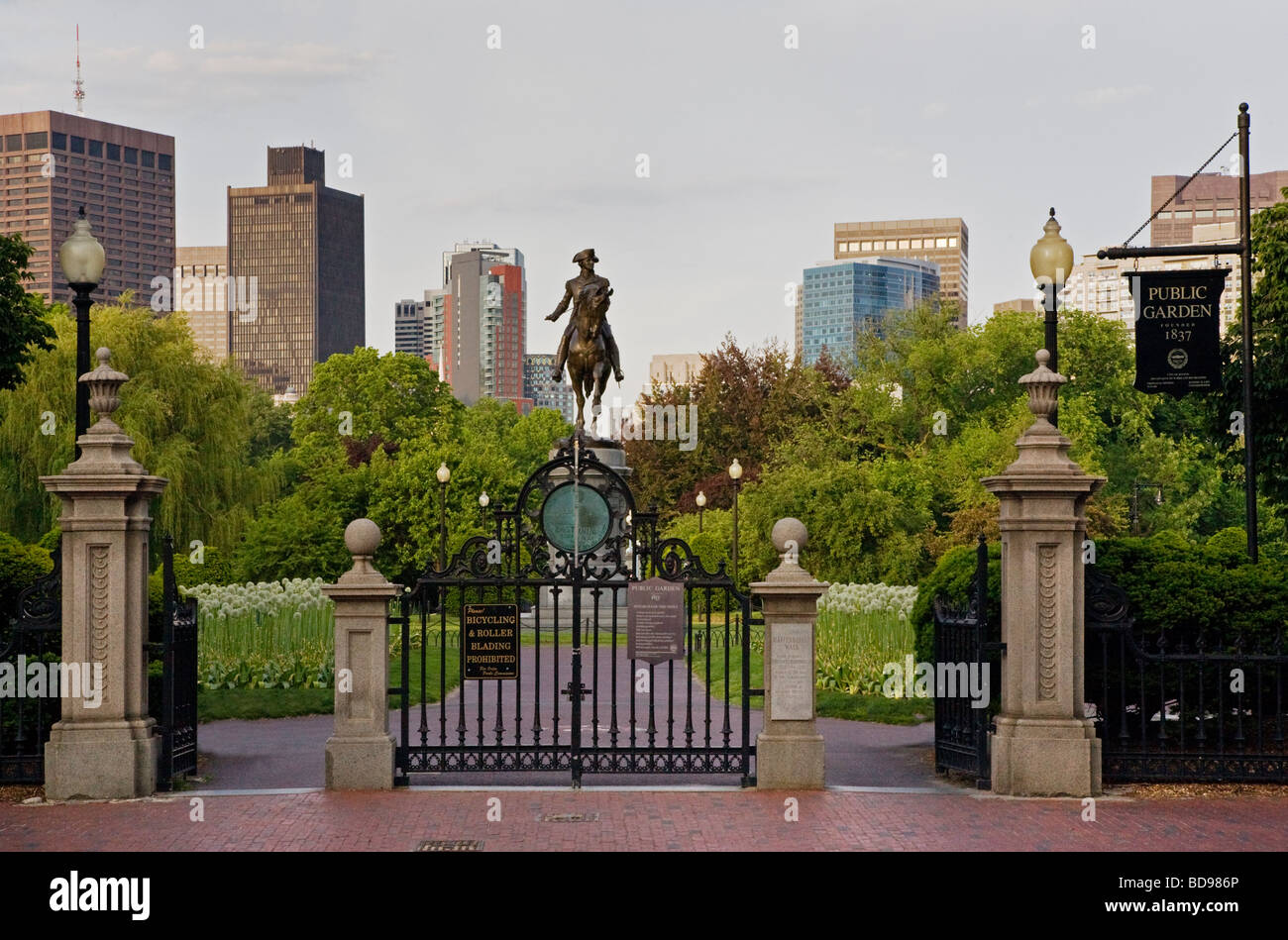 A statue of GEORGE WASHINGTON in the BOSTON COMMON which is a public ...