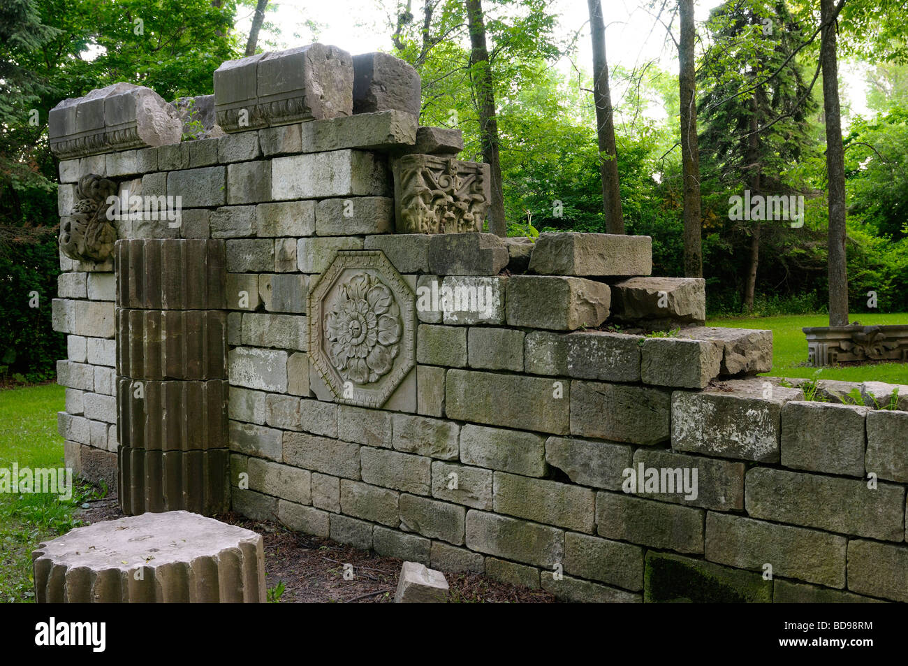 Keystone stone wall ruins in the park of Guild Sculpture Gardens ...
