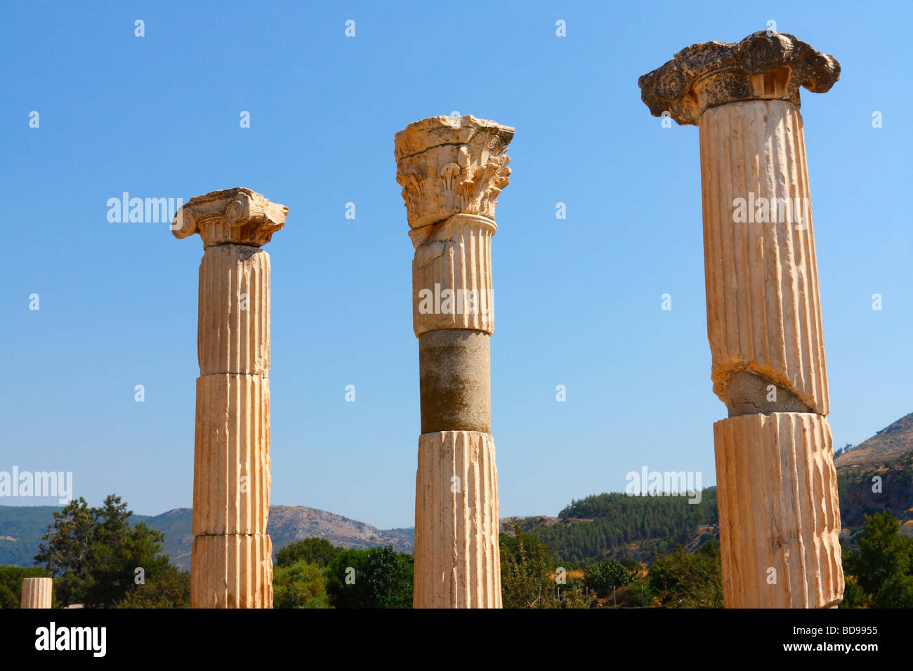 Three columns from Ephesus antique (ancient) city ruins. Turkey, August ...