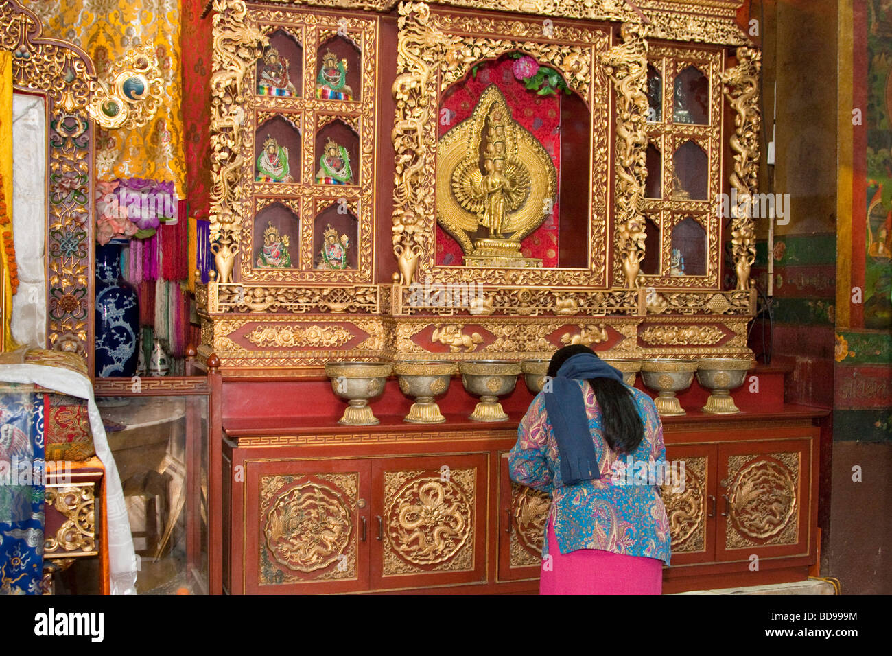 Bodhnath, Nepal. Woman Praying in front of Religious Relics on Display ...