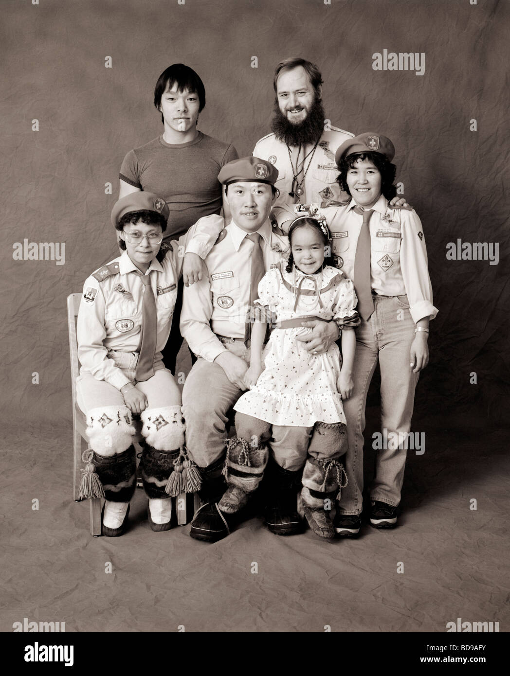 Black white studio portrait of Inuit Boy Scouts Girl Scouts their ...