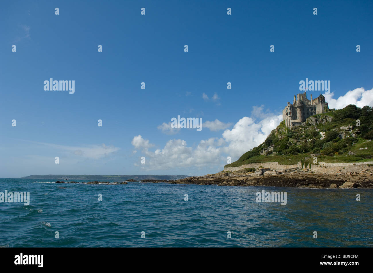 View of St Michael's Mount from tourist boat on sunny summers day ...