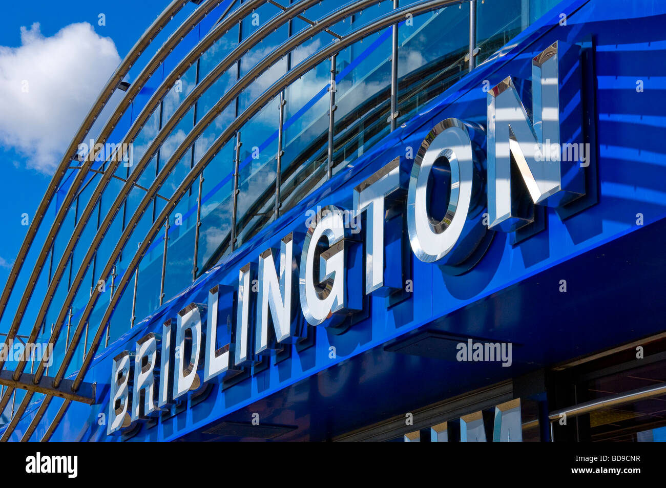 Chrome sign close up advertising Bridlington on a building East ...