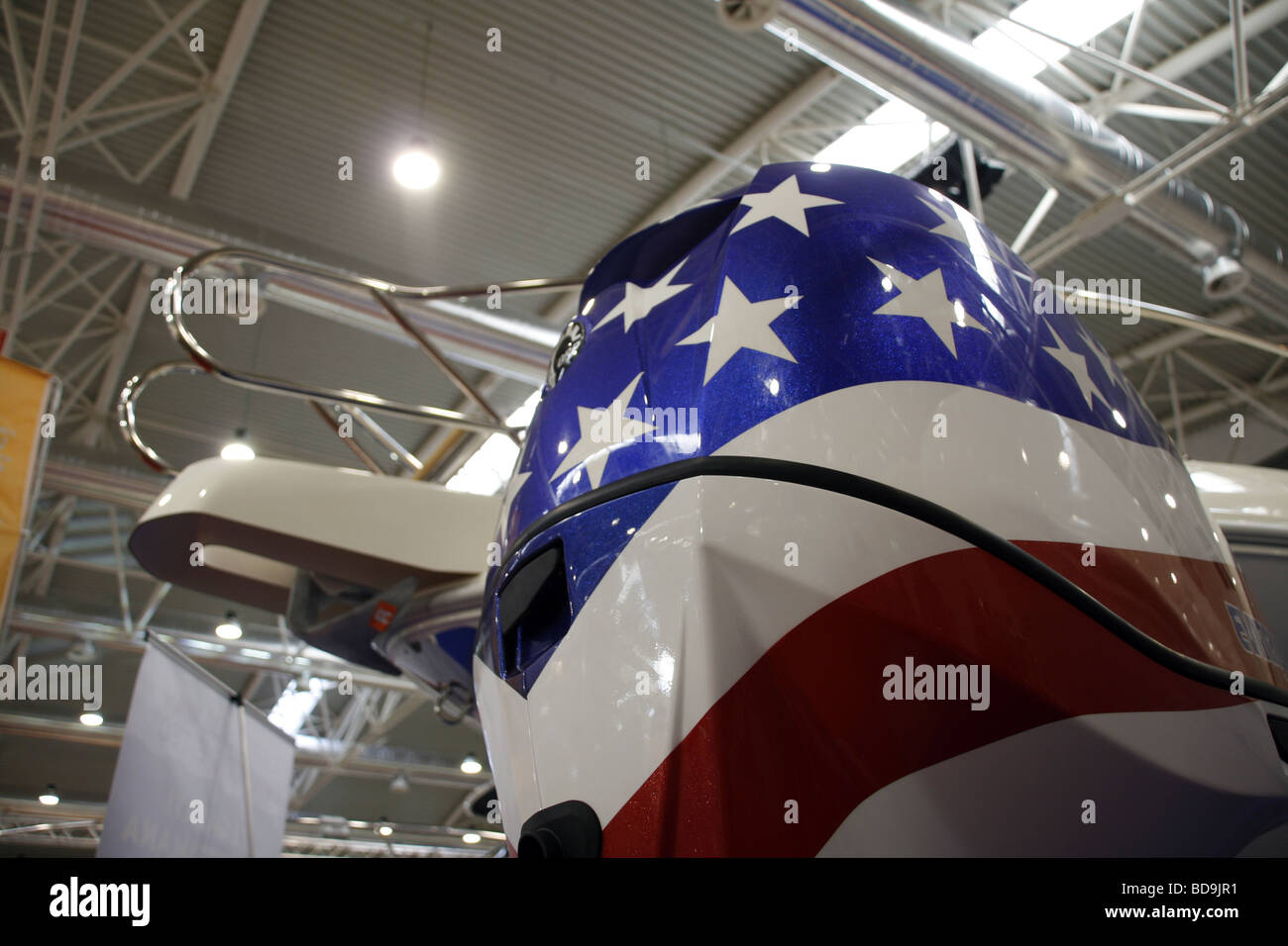 american flag outboard speedboat motor at boat show Stock Photo - Alamy