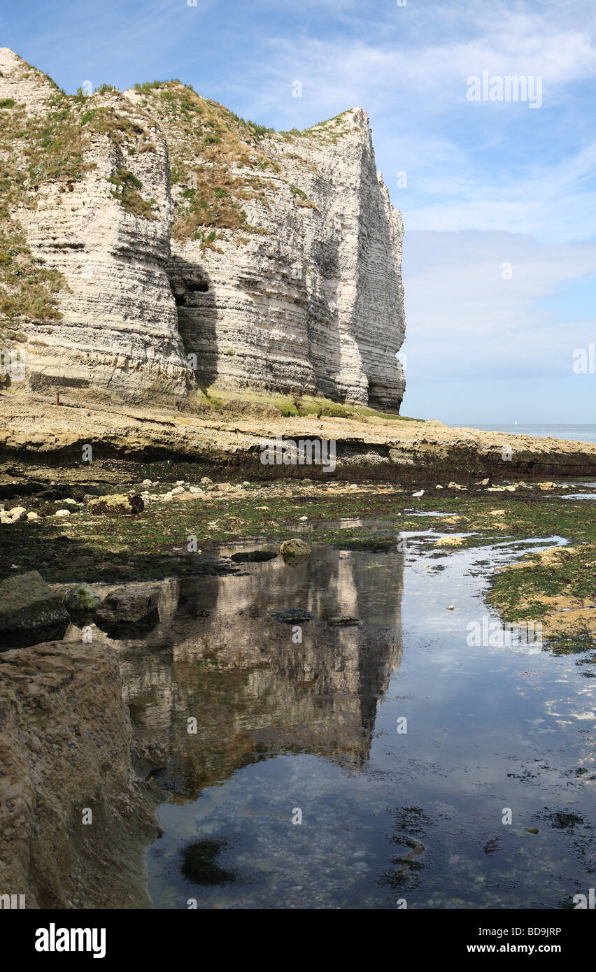 The limestone cliffs at Etretat, Normandy, reflected in a rock pool ...