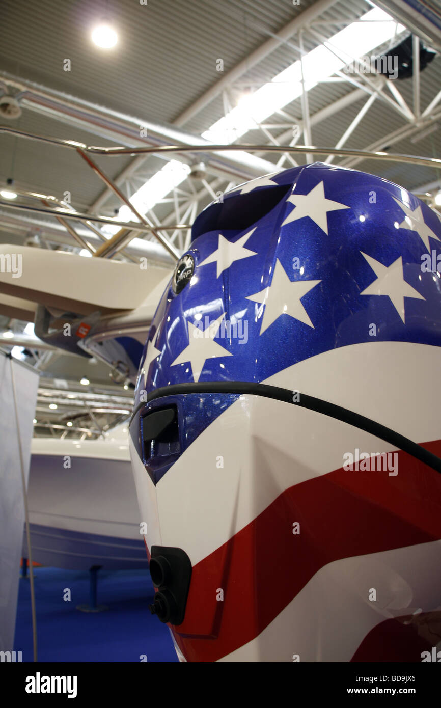 american flag outboard speedboat motor at boat show Stock Photo - Alamy