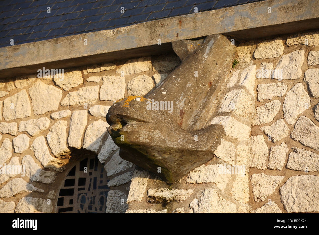 A gargoyle shaped like a fish on the wall of the chapel of Notre Dame ...