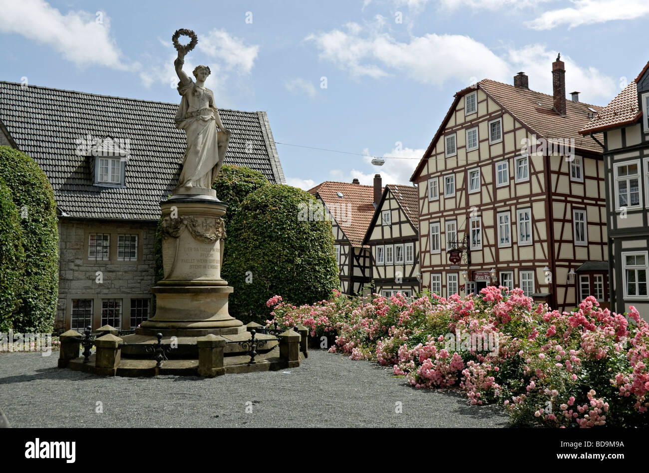 War memorial and half timbered houses, Korbach, Hesse, Germany Stock ...