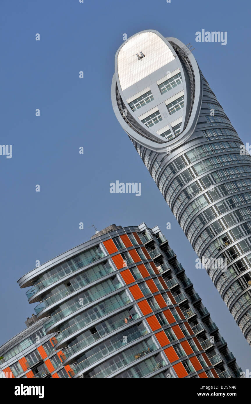 Angled view of modern architecture in new waterside apartments Stock ...