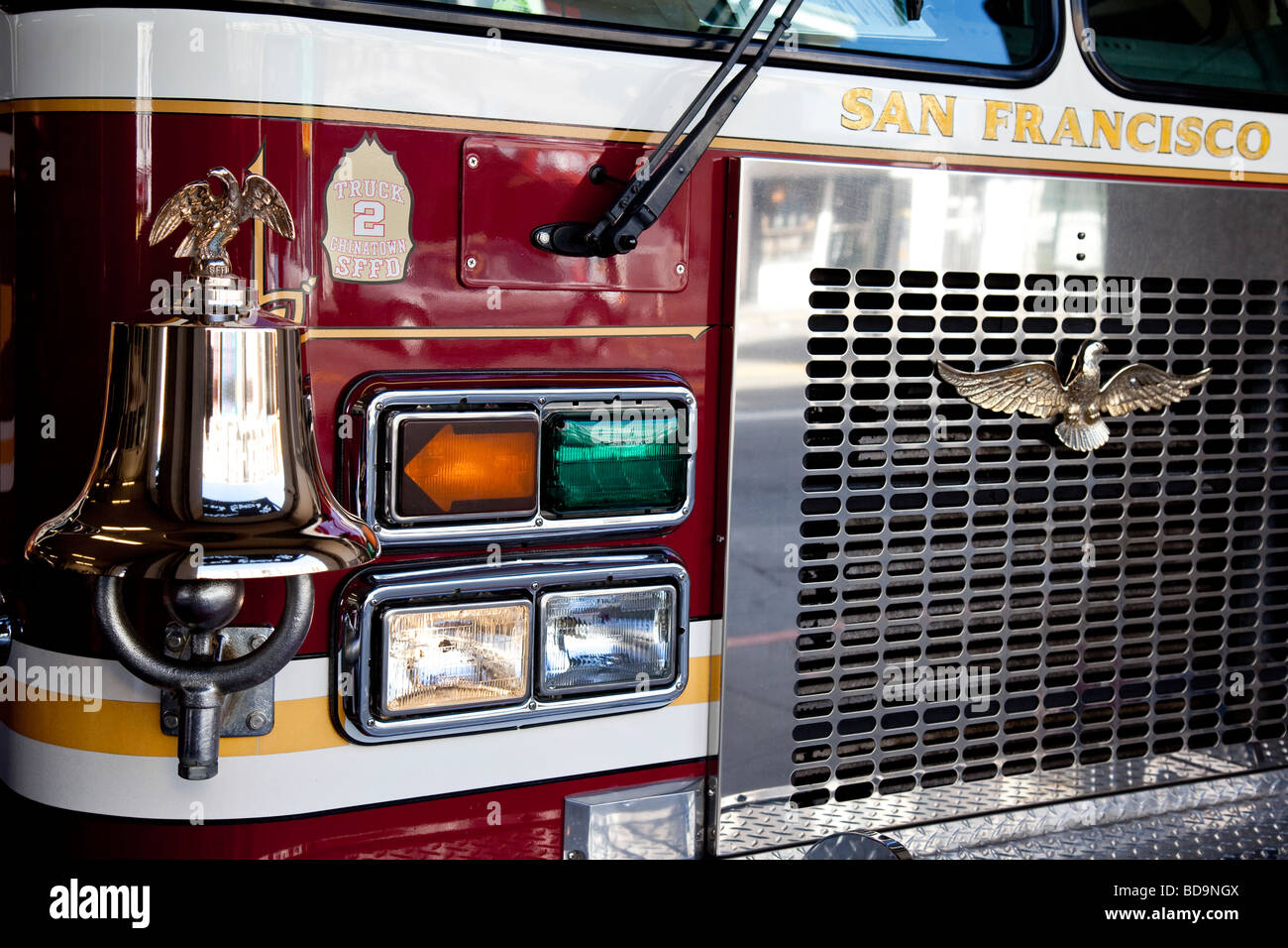 The front headlights, bell and grill section of a San Francisco fire ...