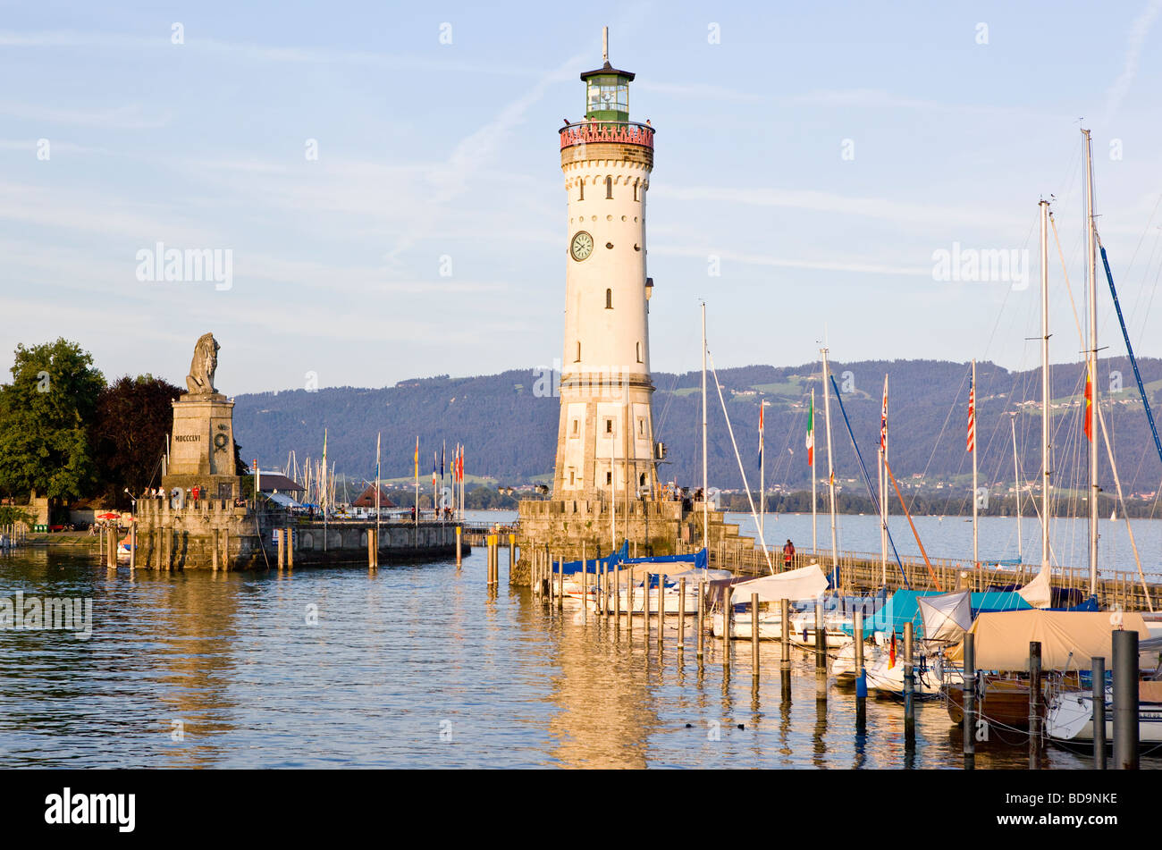 Lindau Harbour on lake Konstanz (Bodensee) with heritage landmark ...