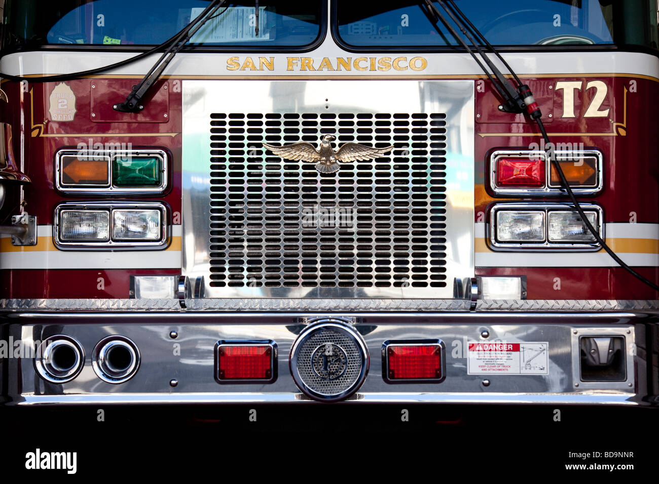The front and grill section of a San Francisco fire engine parked in a ...