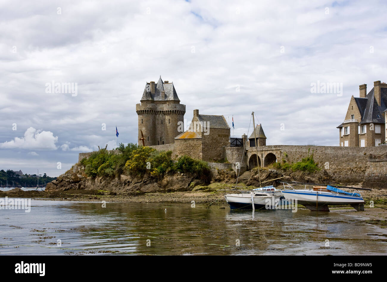 Saint Servan Bay near St Malo with heritage landmark Solidor tower, low ...