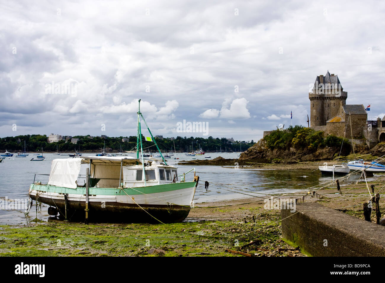 Saint Servan Bay near St Malo with heritage landmark Solidor tower, low ...