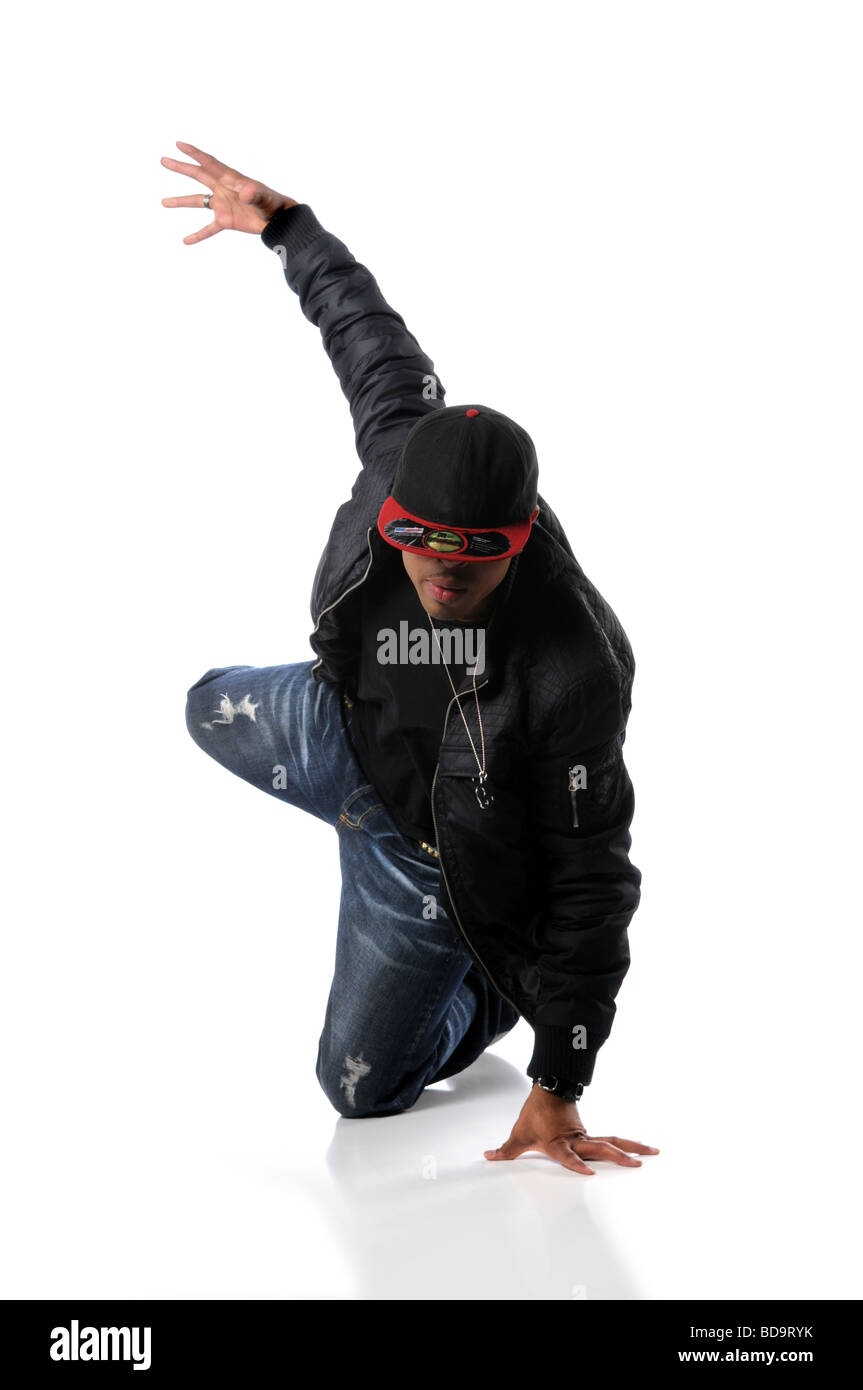 African American hip hop dancing performing over a white background ...