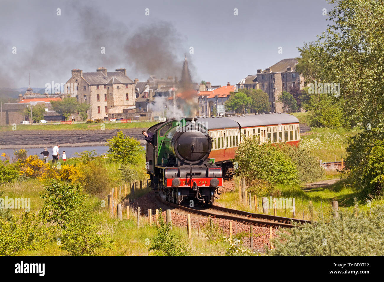 Bo'ness and Kinneil Railway steam train passing along the foreshore at ...