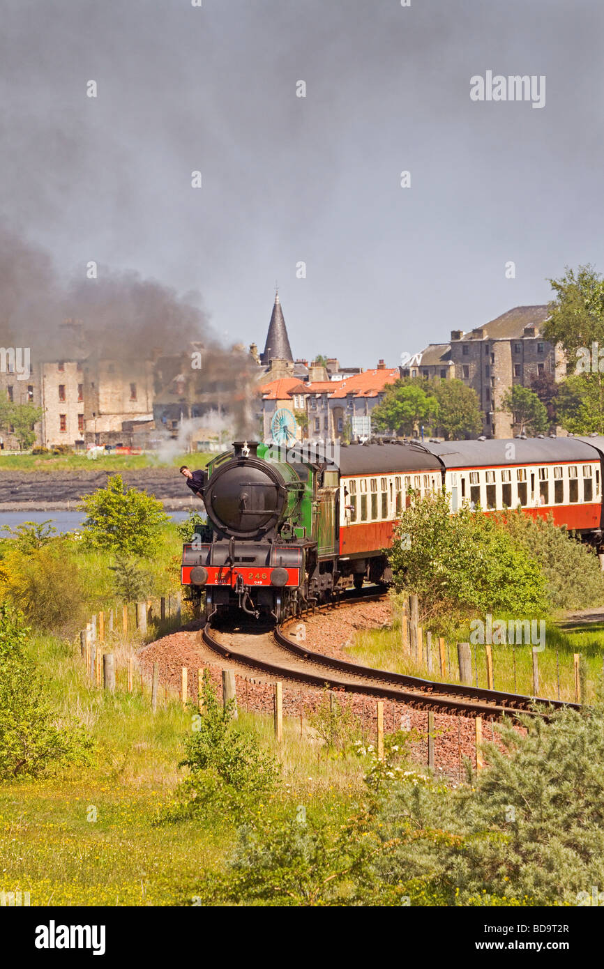 Bo'ness and Kinneil Railway steam train passing along the foreshore at ...