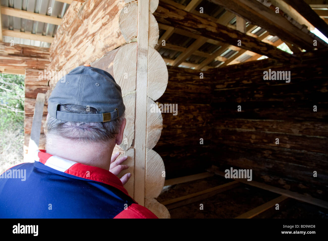 Elderly man checking the door frame of a log cabin , Finland Stock ...