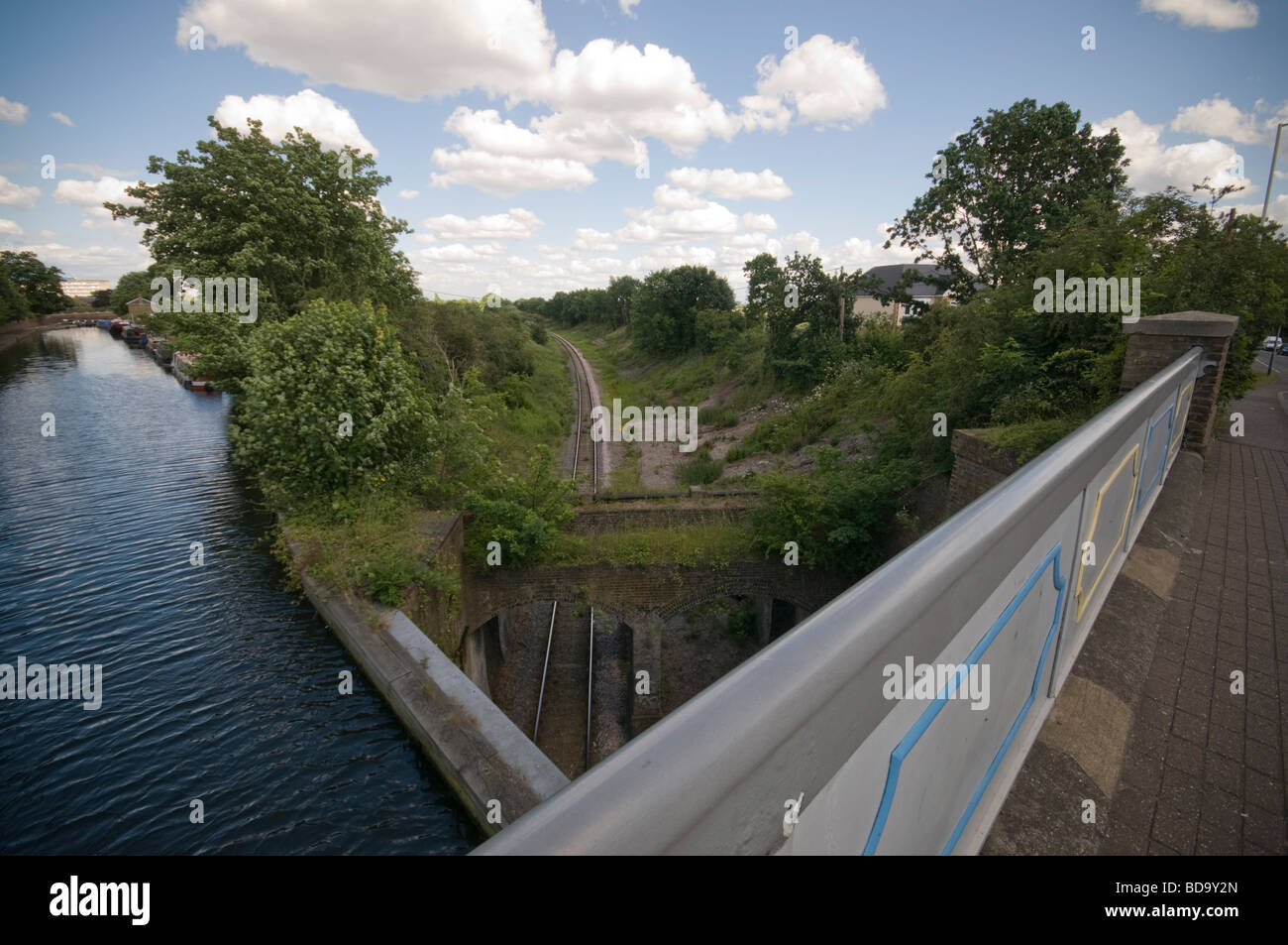 Three level bridge with railway, canal and road in West London Stock ...