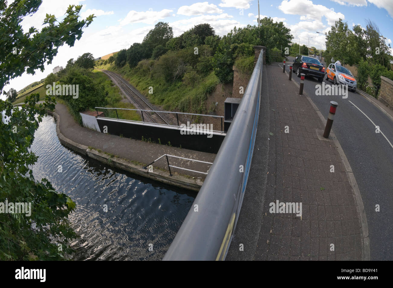 Unique three level bridge with railway, canal and road in West London ...