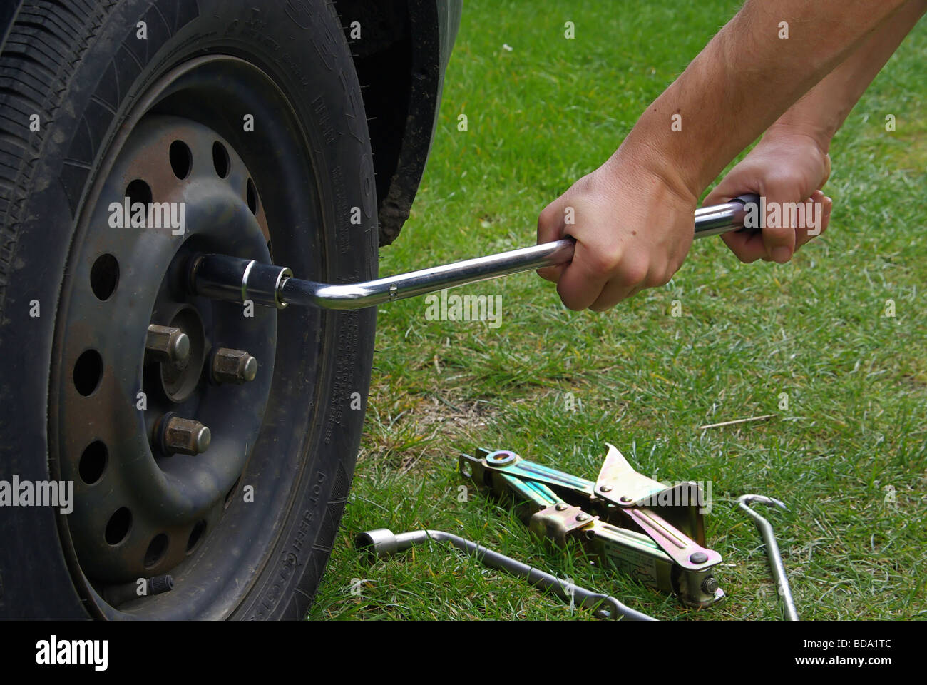 Rad wechseln change a tire 02 Stock Photo - Alamy