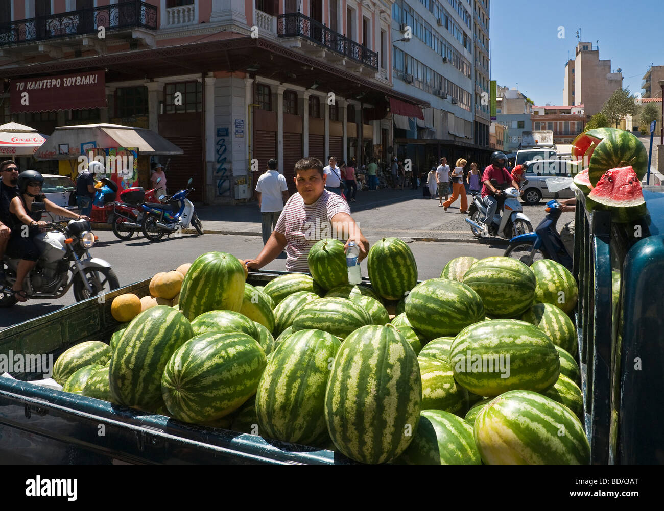 Selling watermelons outside the central fish and meat market on Athinas ...