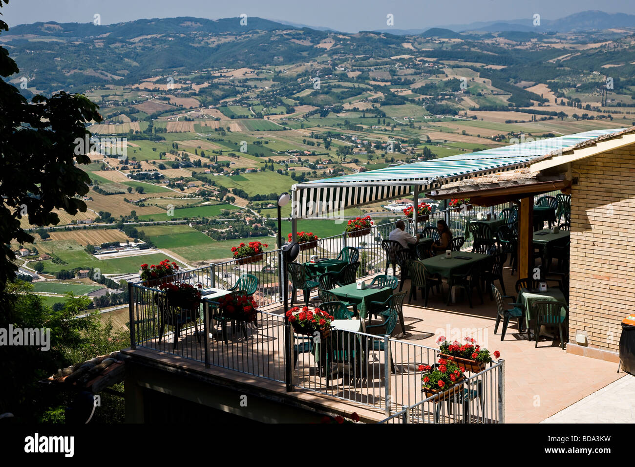 View to the Gubbio valley from the restaurant at mount Ingino Stock ...