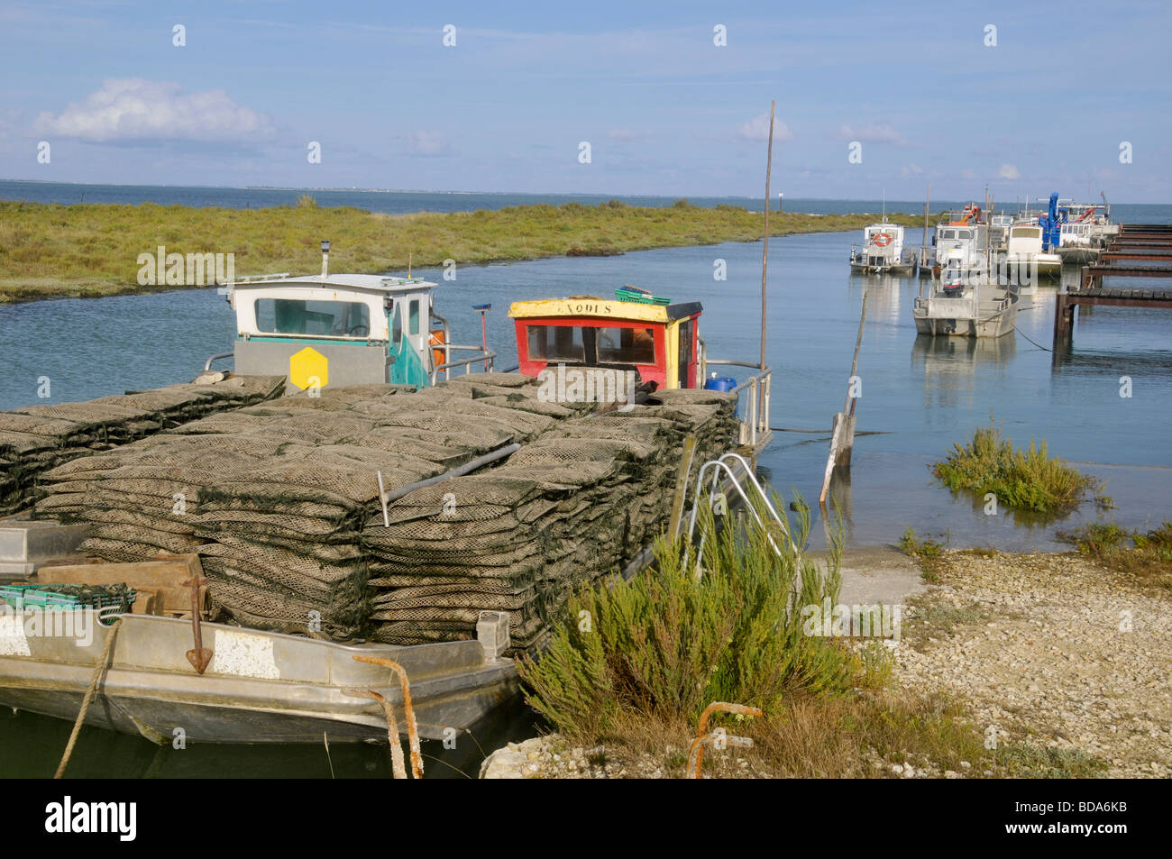 Oyster-farming boats, loaded with oyster bags, moored along Arceau ...