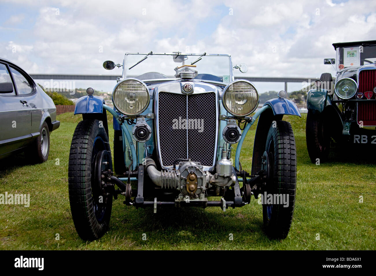 Blue MG old Vintage car, closeup front radiator grille, chrome and ...