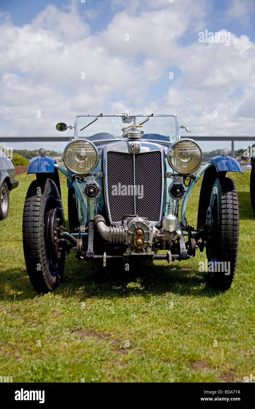 Blue MG old Vintage car, closeup front radiator grille, chrome and ...