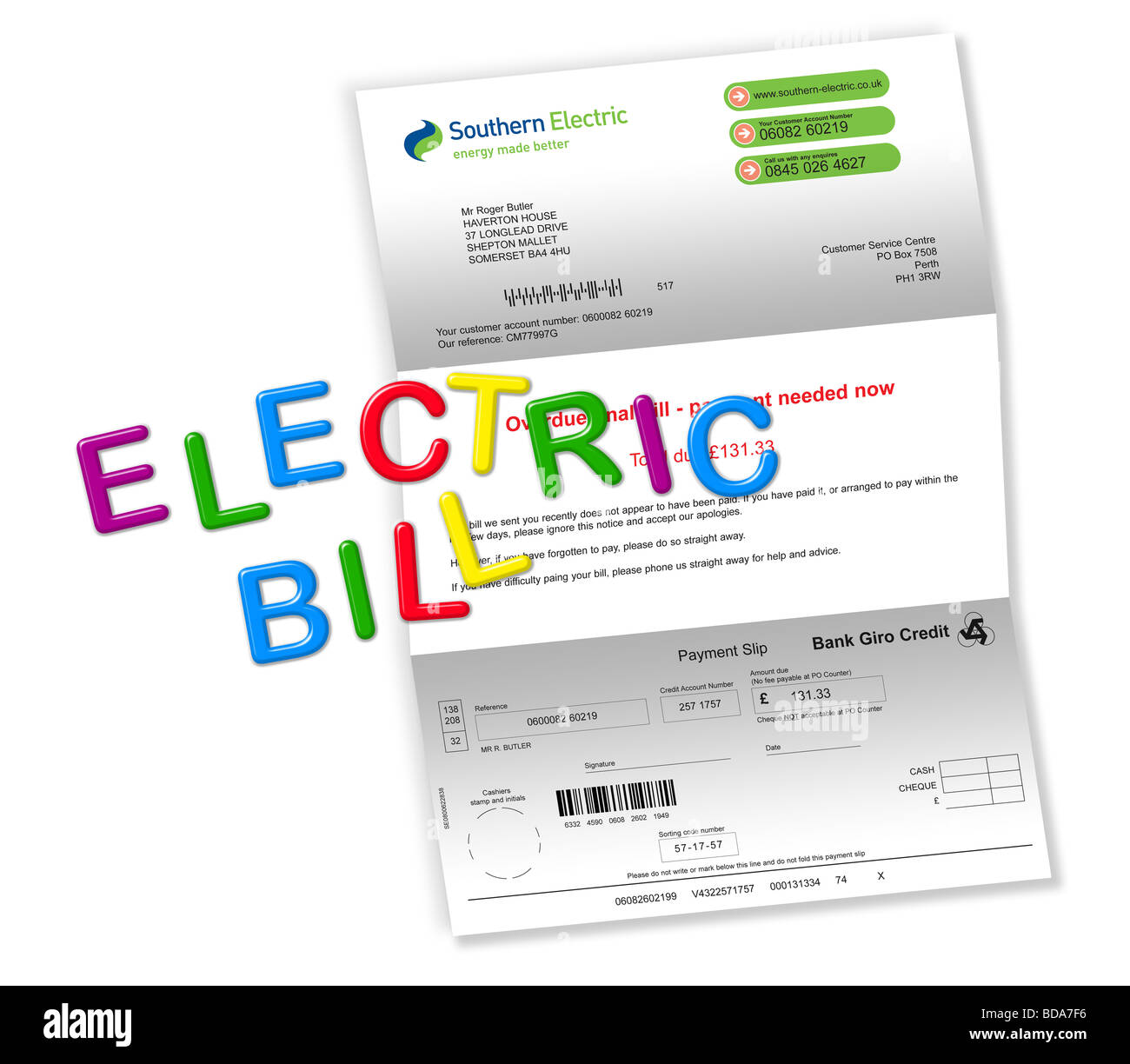 Electric bill on white with ‘ELECTRIC BILL’ spelt out by magnetic ...