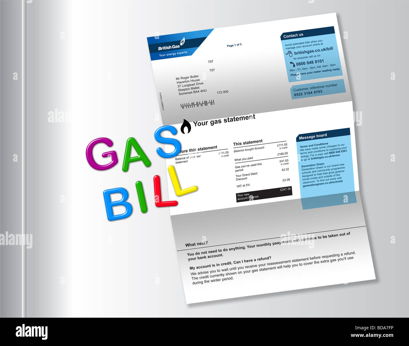 Gas bill on fridge with ‘GAS BILL’ spelt out by magnetic fridge letters ...