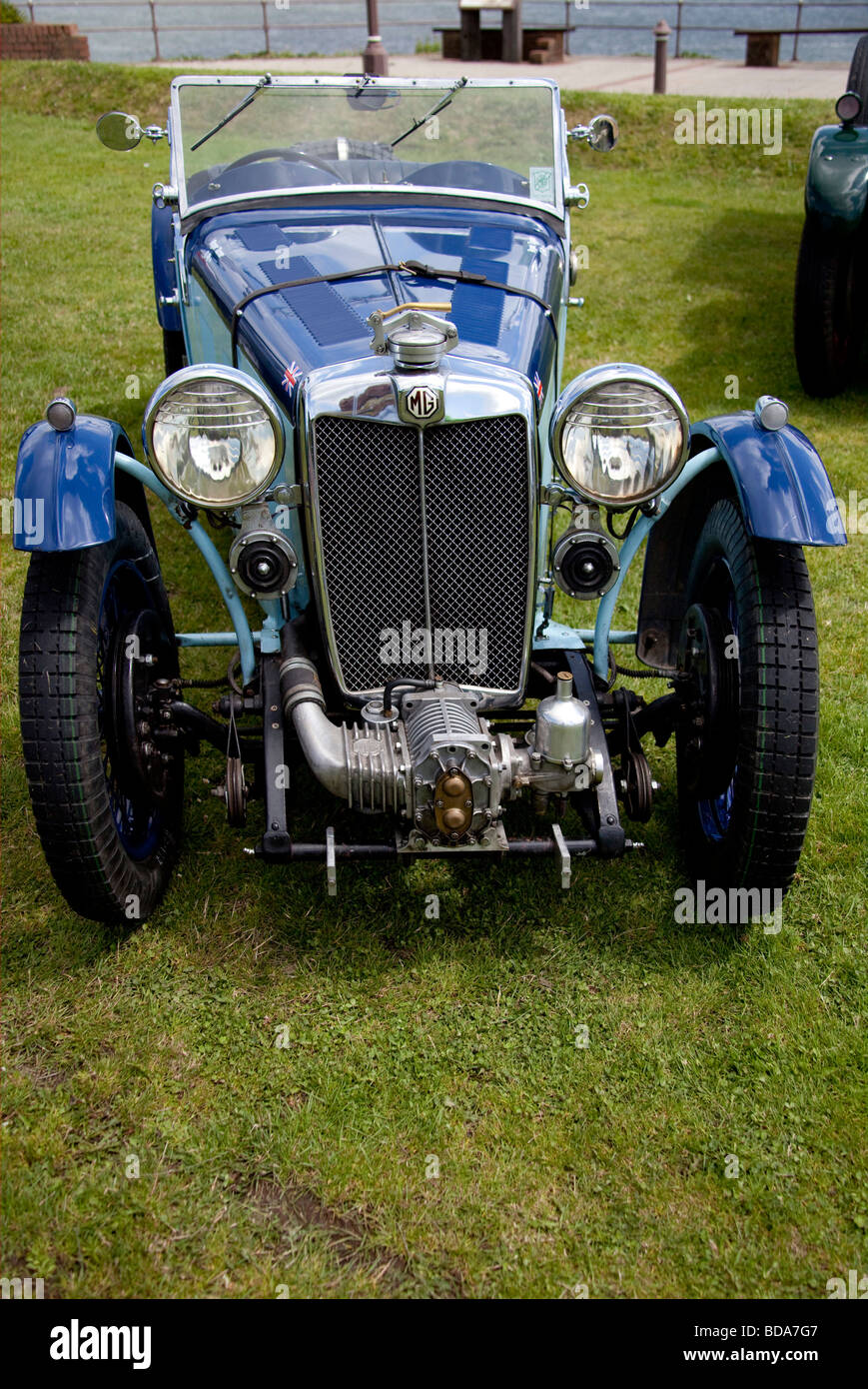 Blue MG old Vintage car, closeup front radiator grille, chrome and ...