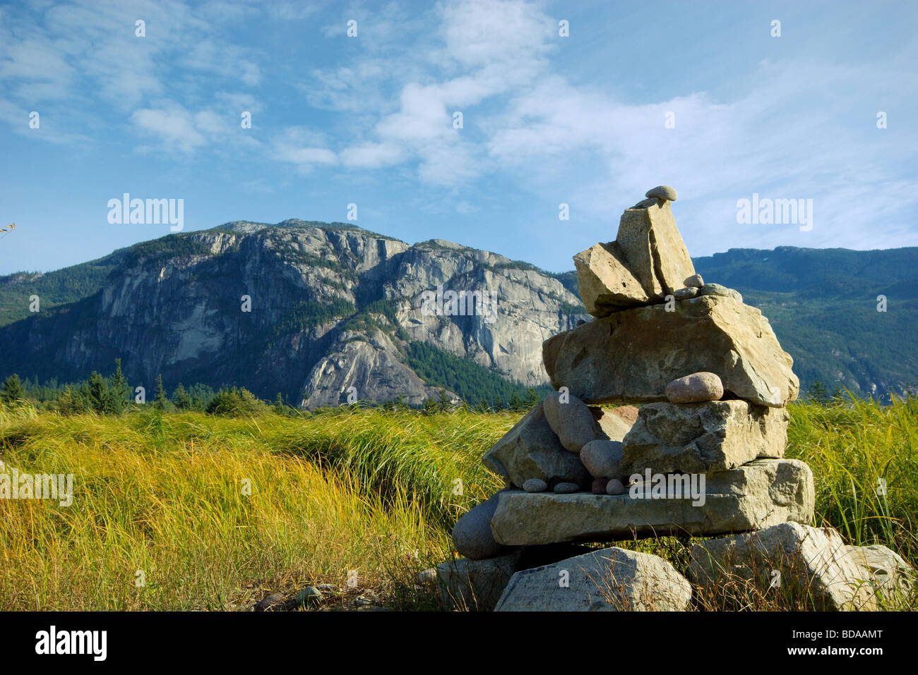 Rock Cairn landscape near Squamish BC with Stawamus Chief behind Stock ...