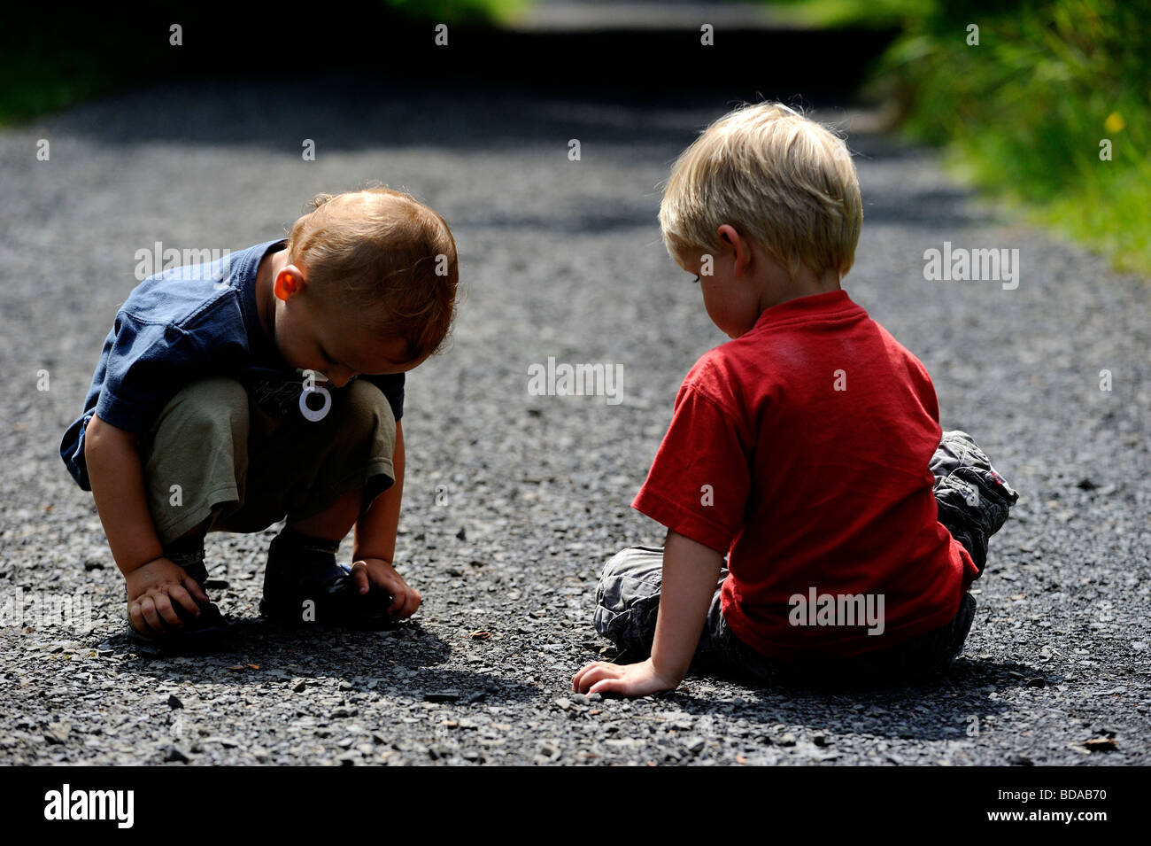 Little children boys playing on dirt track in forest Stock Photo - Alamy