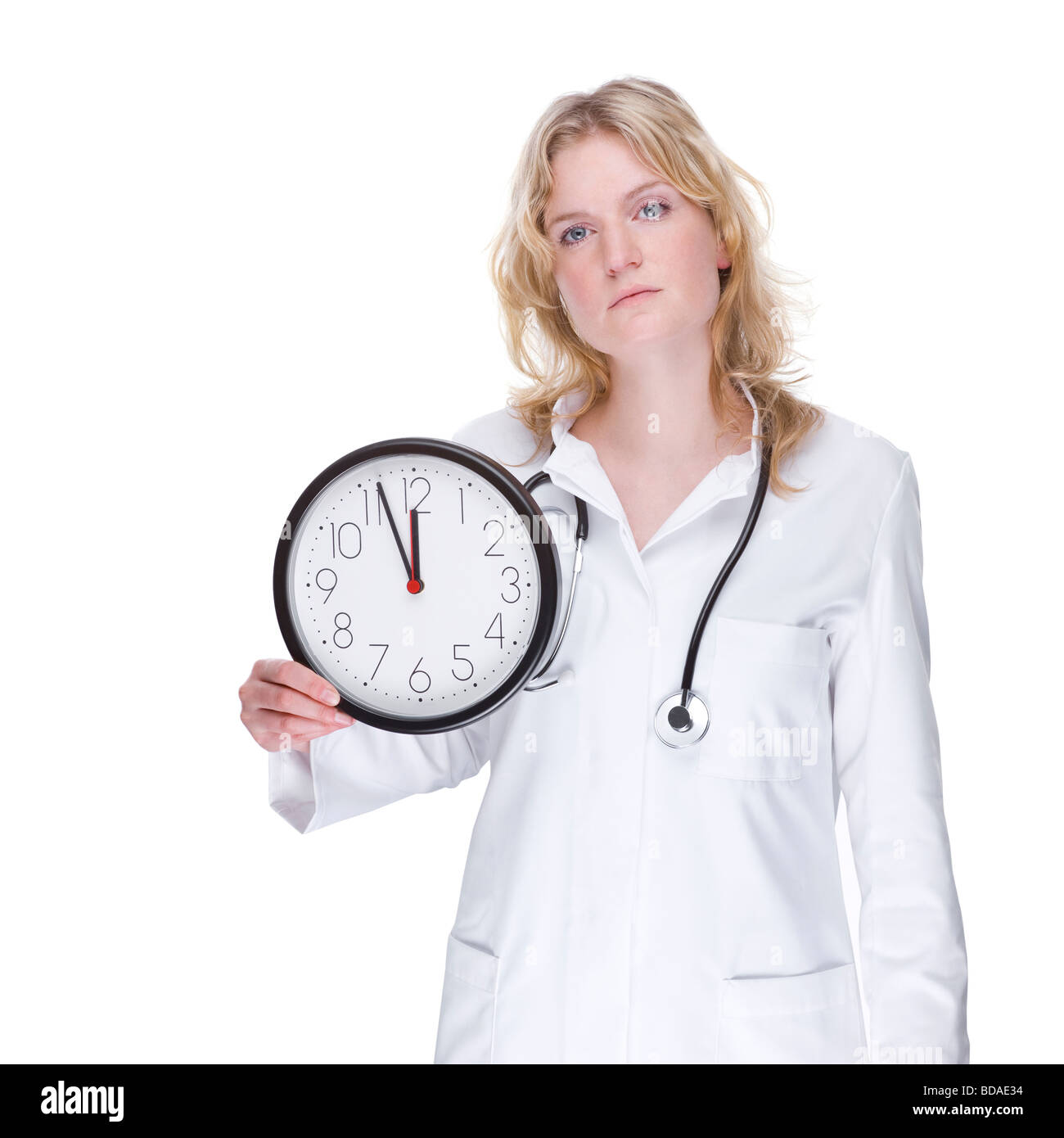 Full isolated portrait of a beautiful caucasian doctor with a clock ...