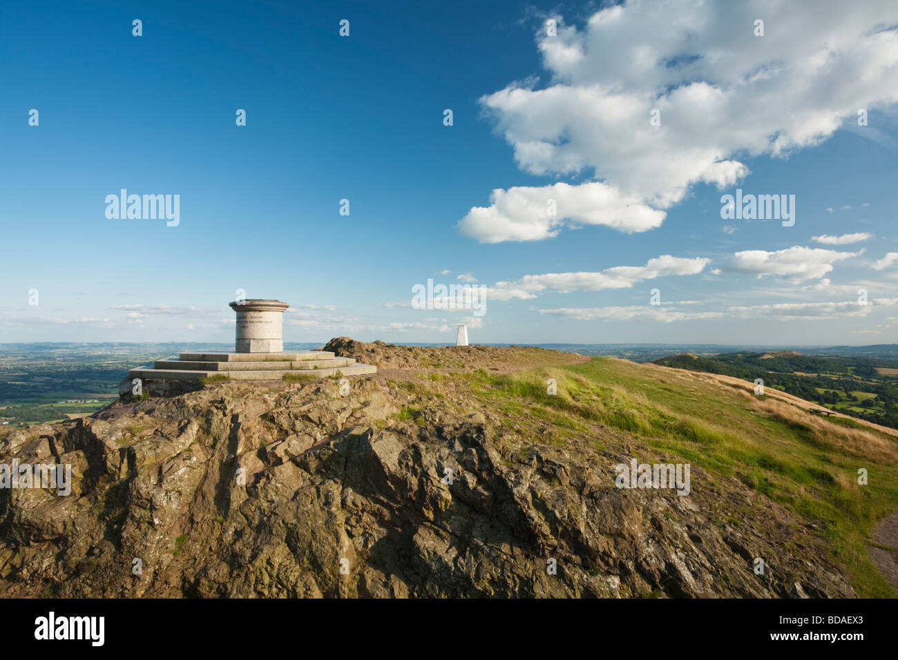 Summit stone and plaque memorial on the top of Worcestershire Beacon ...