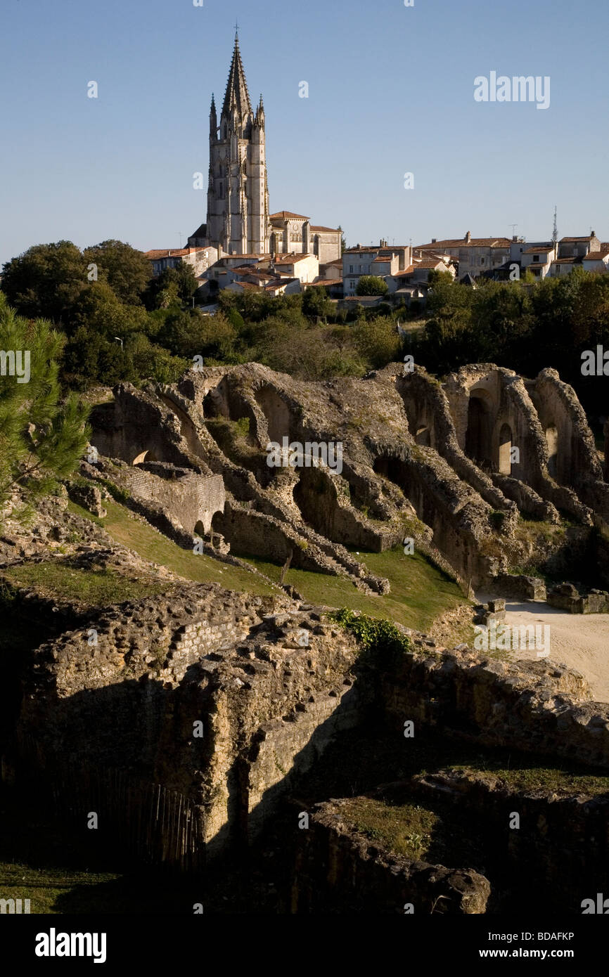 The ruins of the Roman amphitheatre in Saintes, France, below the south ...