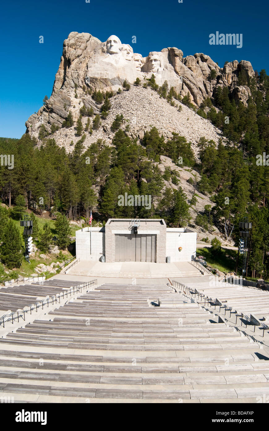 Mount Rushmore National Memorial with the visitors center amphitheater ...