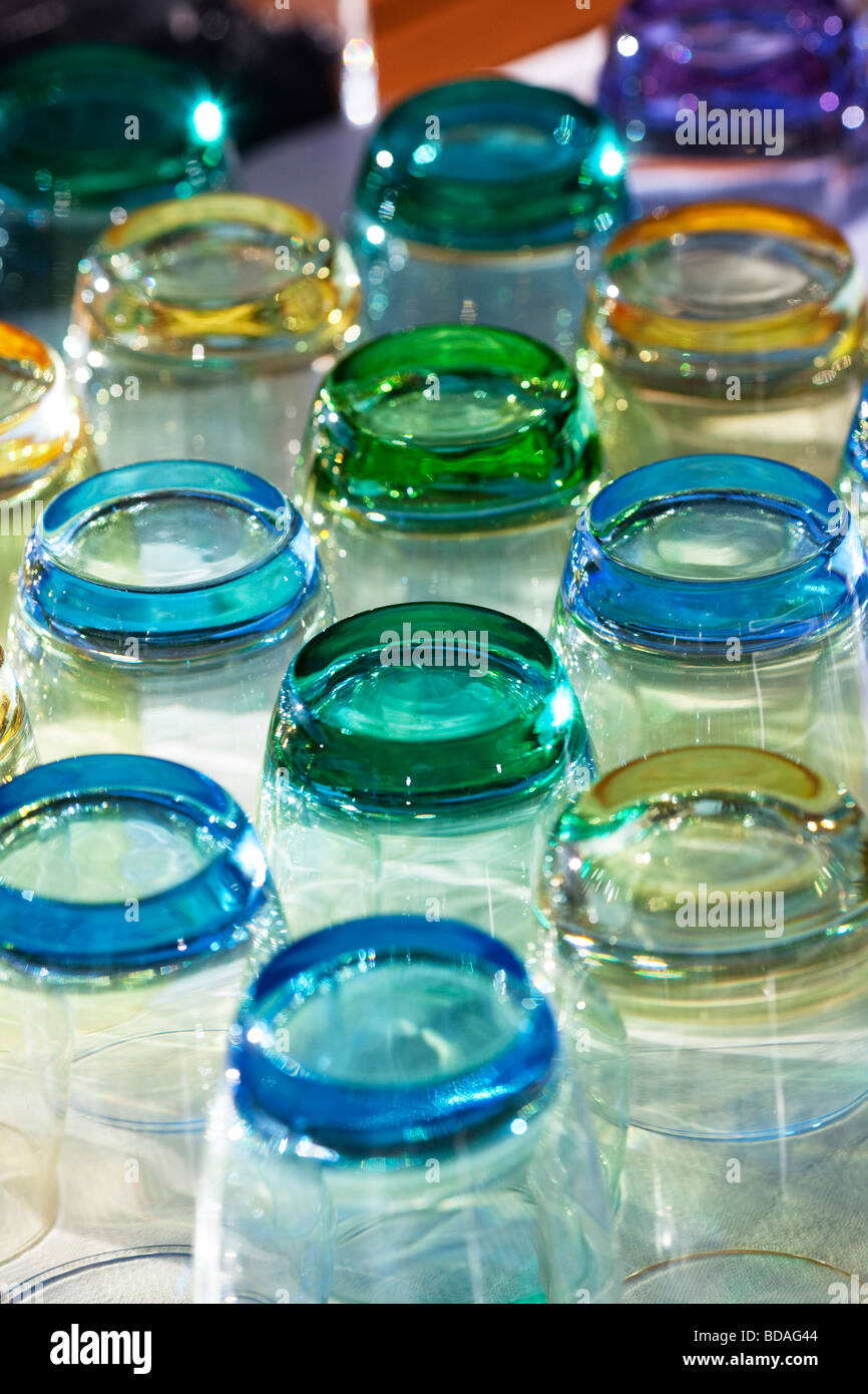 coloured water glasses in beach restaurant Stock Photo - Alamy