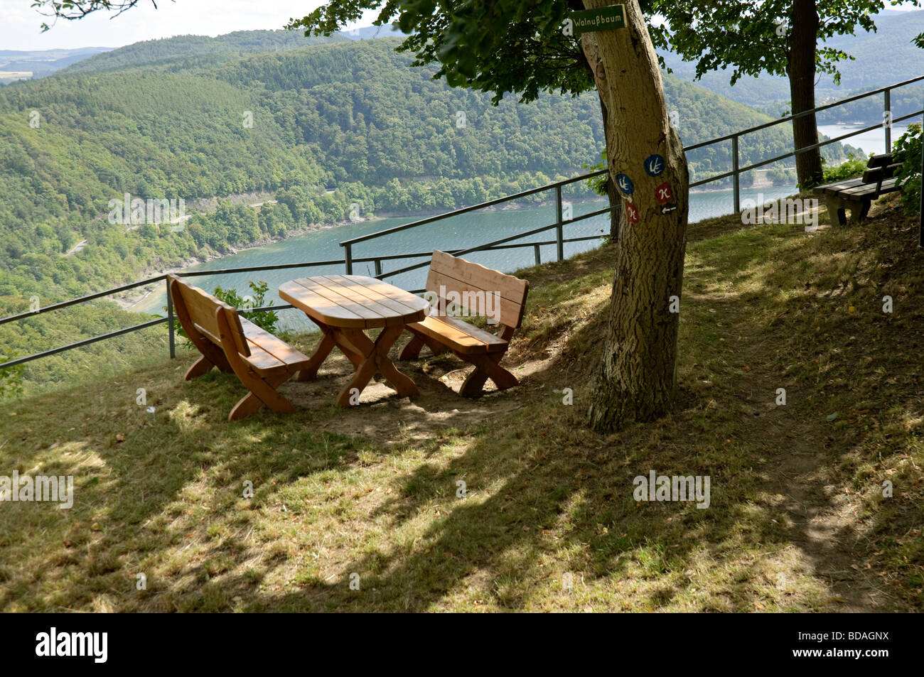Picnic table with a view of Edersee lake, Waldeck, Hesse, Germany Stock ...