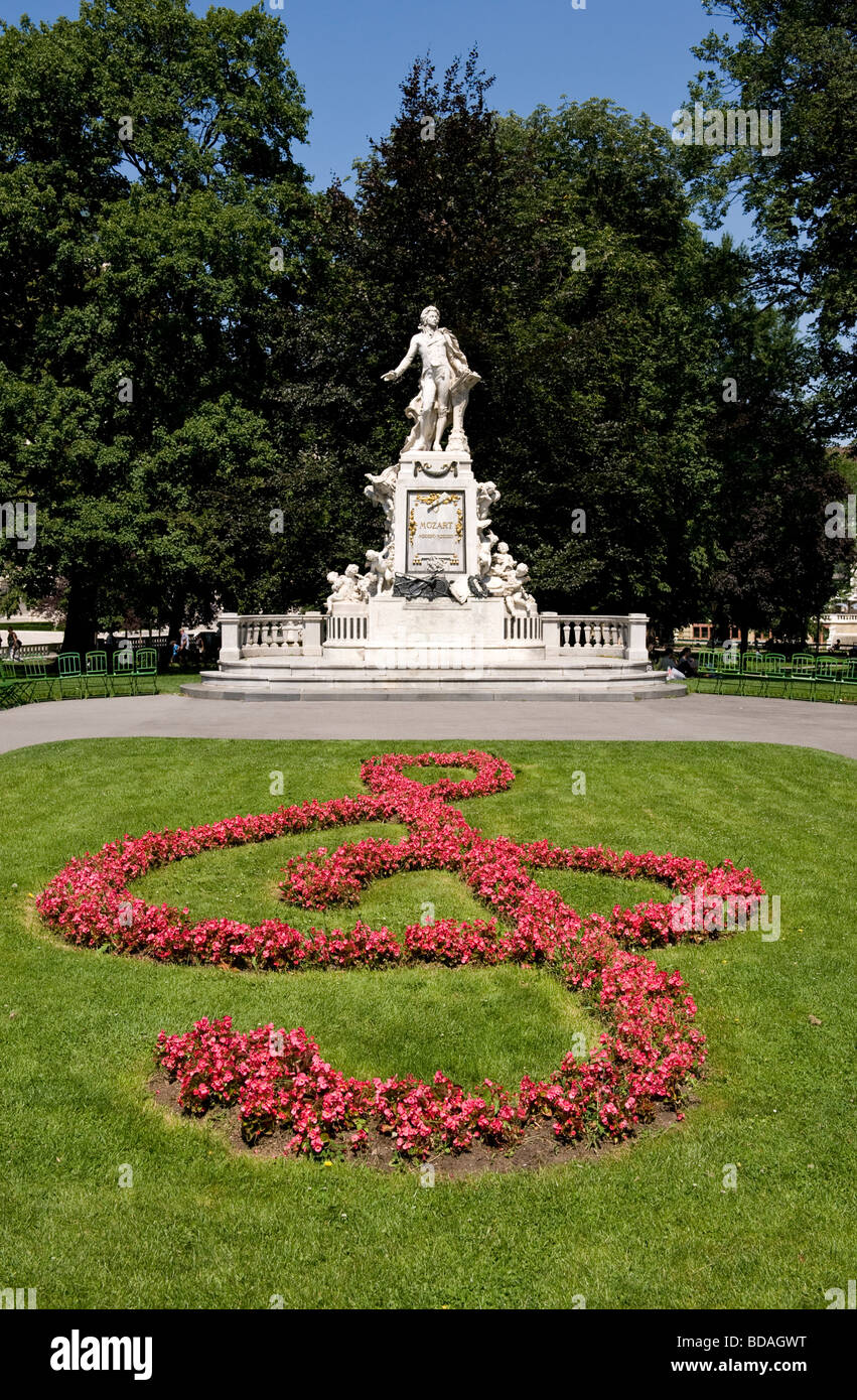 Mozart statue and bedding plants in the shape of a treble clef on mown ...
